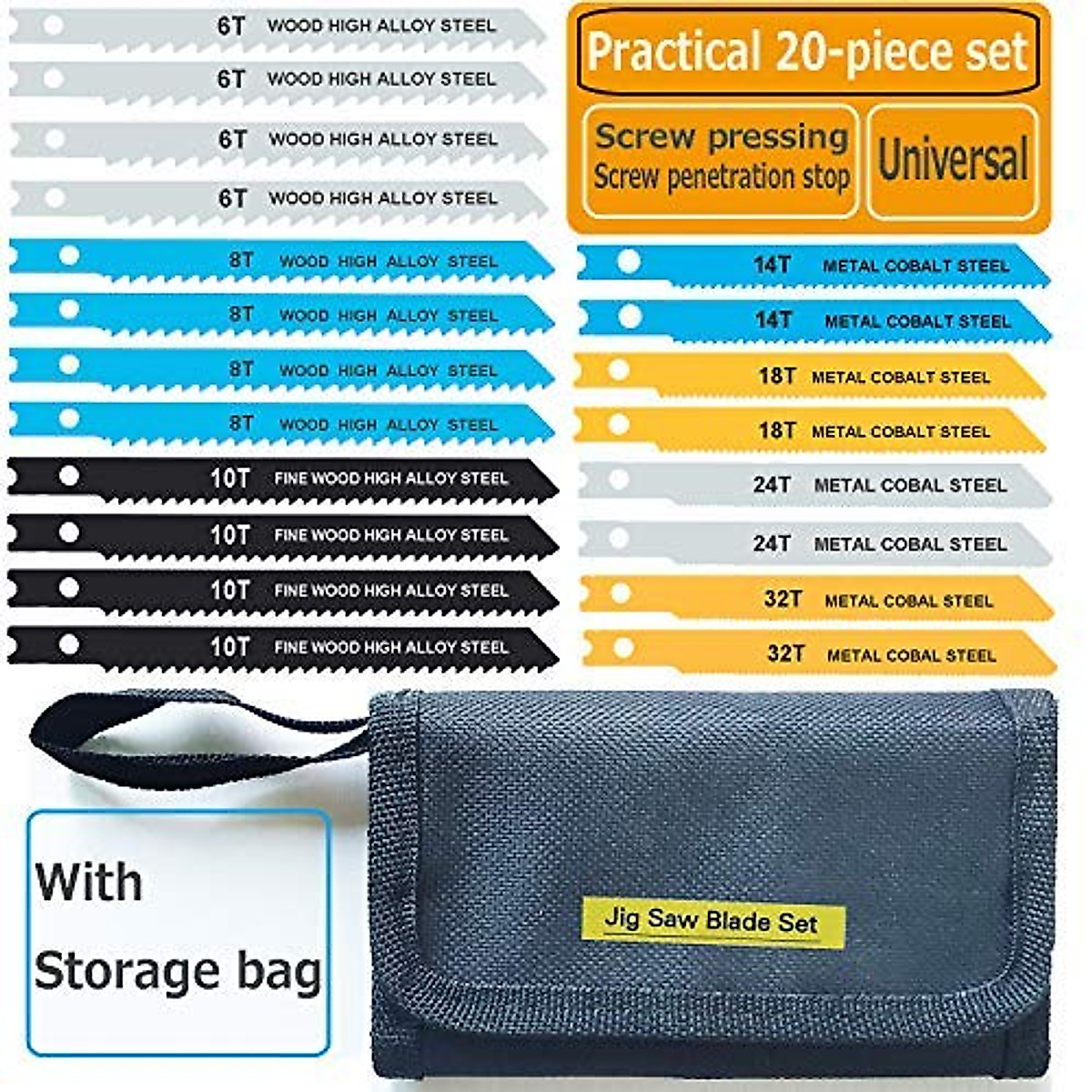 20-Piece Universal Jig Saw Blade Set for Wood,Plastic and Metal Cutting with Tool Bag Universal Design fits All Name Brand and Import jig saws