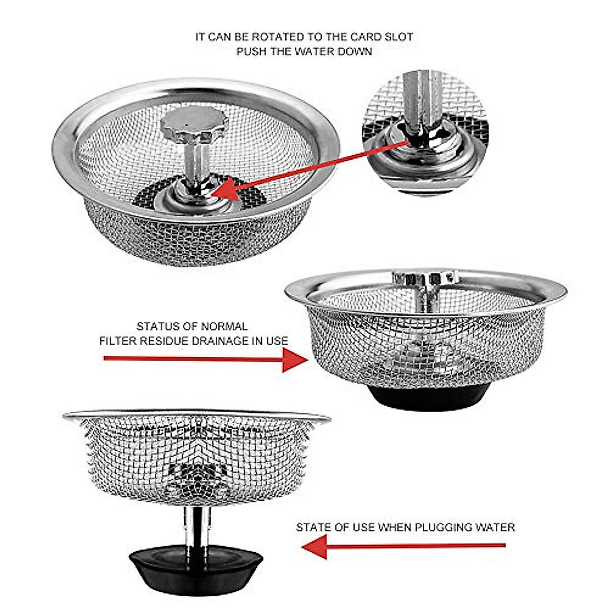 Kitchen Sink Strainer with Handle and Stopper Replacement Kitchen Sink Drain Basket/Stopper/Plug 3.3 Inch Stainless Steel Kitchen Sink Drain Strainer Mesh Sifter Filter(‎Silver)