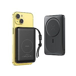 VRURC Magnetic Power Bank, 10000mAh Wireless Portable Charger iPhone, Max 22.5W Fast Charging, USB-C & USB Outputs,Magnetic Battery Charger for iPhone 14/13/12 Series, with Finger Holder - Black