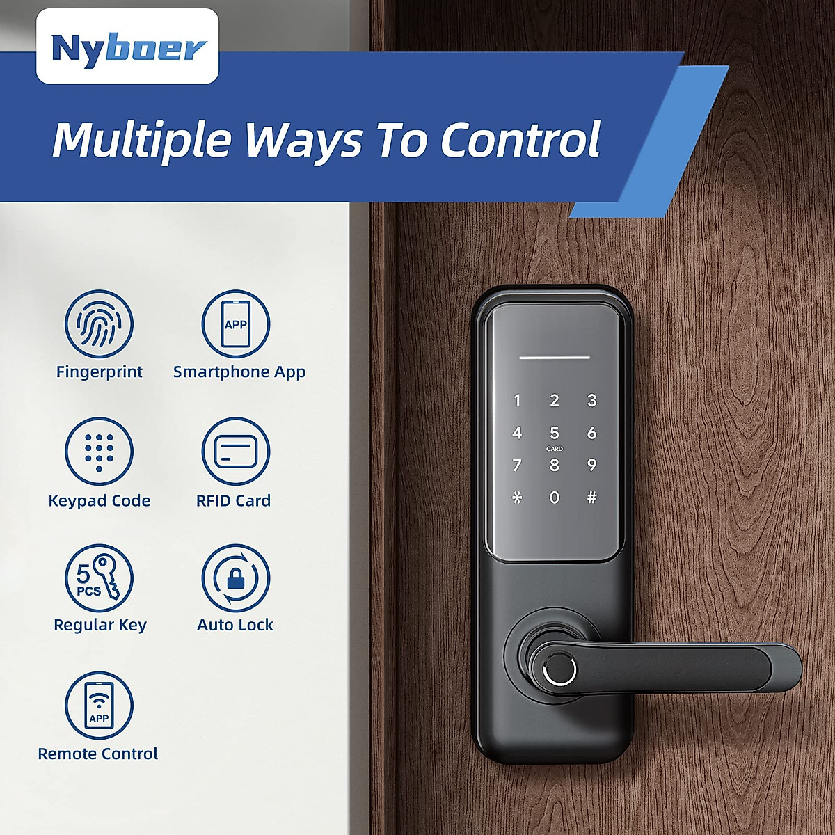 Nyboer WiFi Smart Door Lock, Keyless Entry with Fingerprint, Keypad, Stainless Steel, Alloy Steel