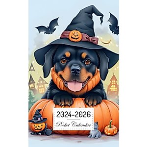 Pocket Calendar 2024-2026: Two-Year Monthly Planner for Purse , 36 Months from January 2024 to December 2026 | Rottweiler puppy illustration | ... Witch's hat | Haunted house | Cartoon design