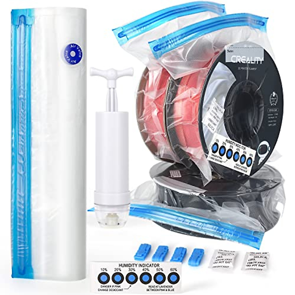 FugaCity 3D Printer Filament Storage Vacuum Bags Kit- 20 Pcs Dust Proof &Humidity Resistant Sealed Bags(13.6 ×11.8 inch) with Desiccant/Humidity Indicator/Clips/Hand Pump for Keeping Filament Dry