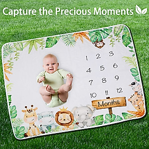 Baby Monthly Milestone Blanket Boy or Girl | Safari Jungle Animals Months Blanket | Gender Neutral Photo Blanket for Newborn Baby | Super Soft Premium Fleece | Bib+Marker 40"x50"