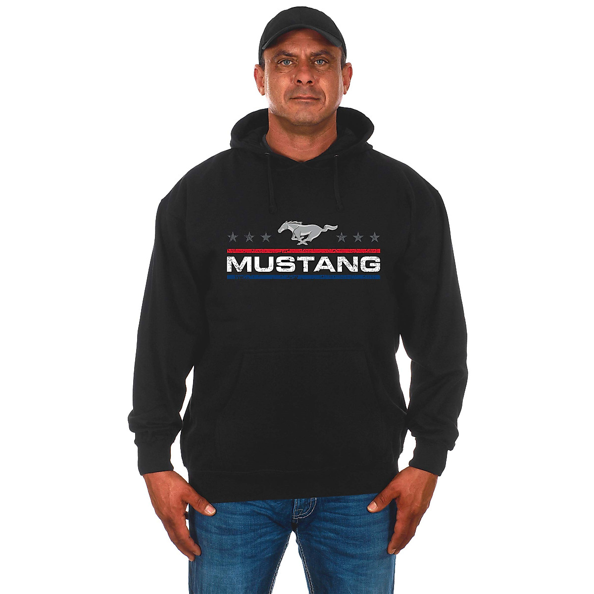 JH DESIGN GROUP Men's Ford Mustang Pullover Hoodie American Flag 2 Sided Sweatshirt (Small, Black)