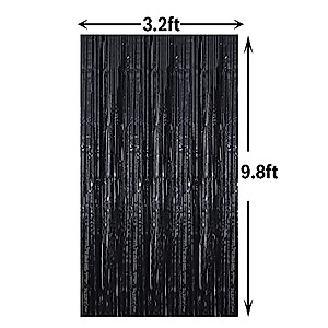 GOER 3.2 ft x 9.8 ft Metallic Tinsel Foil Fringe Curtains Party Photo Backdrop Party Streamers for Halloween,Birthday,Graduation,New Year Eve Decorations Wedding Decor (4 Packs,Black)