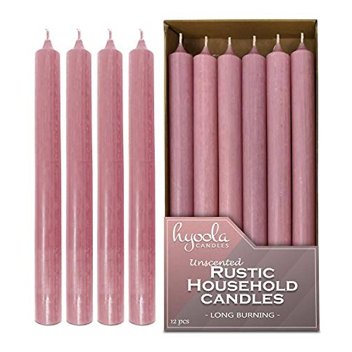 Hyoola 10 Inch Dinner Candles - 12 Pack - Rose Pink Tall Candles - Unscented Rustic Candles - Long Burning Candle Sticks