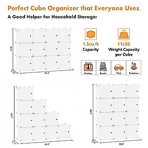 C&AHOME Cube Storage Organizer with Doors, 12-Cube Shelves, Closet Cabinet, DIY Plastic Modular Bookshelf Ideal for Bedroom, Living Room, 36.6”L x 12.4”W x 48.4”H Milky USHS3012M-DOOR