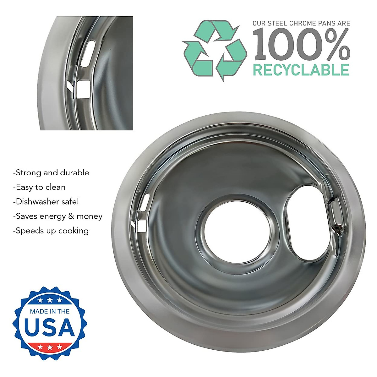 KITCHEN BASICS 101 Made in the USA 4 Pack (2) 6" & (2) 8" Replacement Chrome Drip Pans for Whirlpool W10278125 W10196405 W10196406
