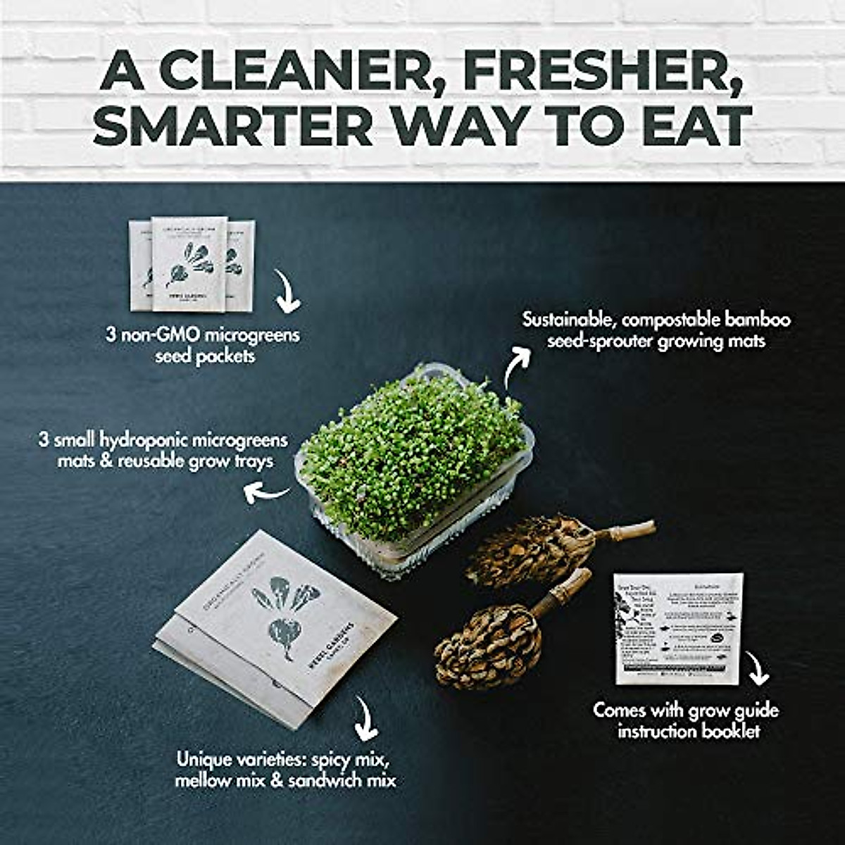 Self-Watering Microgreens Growing Kit - 3 Micro Greens from Organic Non-GMO Seeds - Window Garden or Counter Top - 3 Biodegradable Bamboo Seed Sprouting Pads + Microgreen Tray + Grow Guide