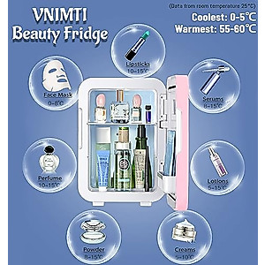VNIMTI Mini Skincare Fridge 4 Liter/6 Cans, Portable Cosmetic Fridges with Makeup Mirror, Cooler & Warmer, AC & DC, Small Refrigerator for Bedroom, Car, Office, Outdoor (Pink - 4L)