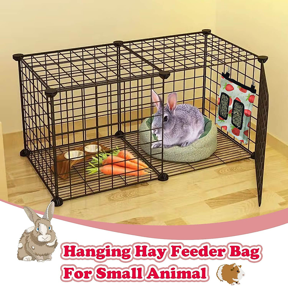 YOLAGGOY Small Animal Hay Feeder, 2 Holes Hanging Rabbit Hay Feeder Bag for Rabbit Small Animal Chinchilla with 1 Grind Teeth Stone(Strawberry)