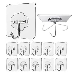 WOVU Wall Hooks 33 lbs(Max) Transparent Seamless Hooks for Hanging,Waterproof Oilproof Bathroom Kitchen Heavy Duty Adhesive Hooks,Coat Hooks, Utility Towel Bath Ceiling Hooks (10Pack)