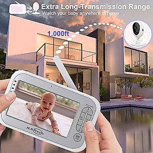 JLB7tech Split-Screen Video Baby Monitor with 2 Cameras and 4.3" LCD,Auto Night Vision,Two-Way Talkback,Temperature Detection,Power Saving/Vox,Zoom in,3000mAh Battery