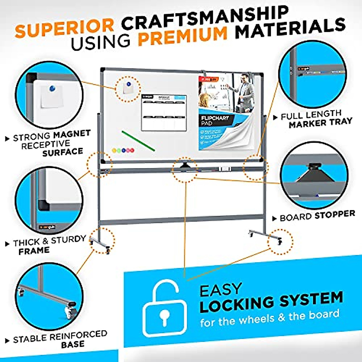 Zenguin Mobile Whiteboard – Easel Style Dry Erase Board w Locking Wheels - Double Sided Magnetic Easel Board - Adjustable Height Rolling Whiteboard - Portable Whiteboard w Accessories (48x36, Gray)