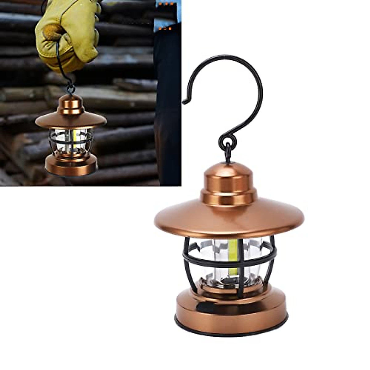 Camping Hanging Lantern, Vintage Hook Design One Button Switch 3 COB Battery Powered Garden Hanging Lamp