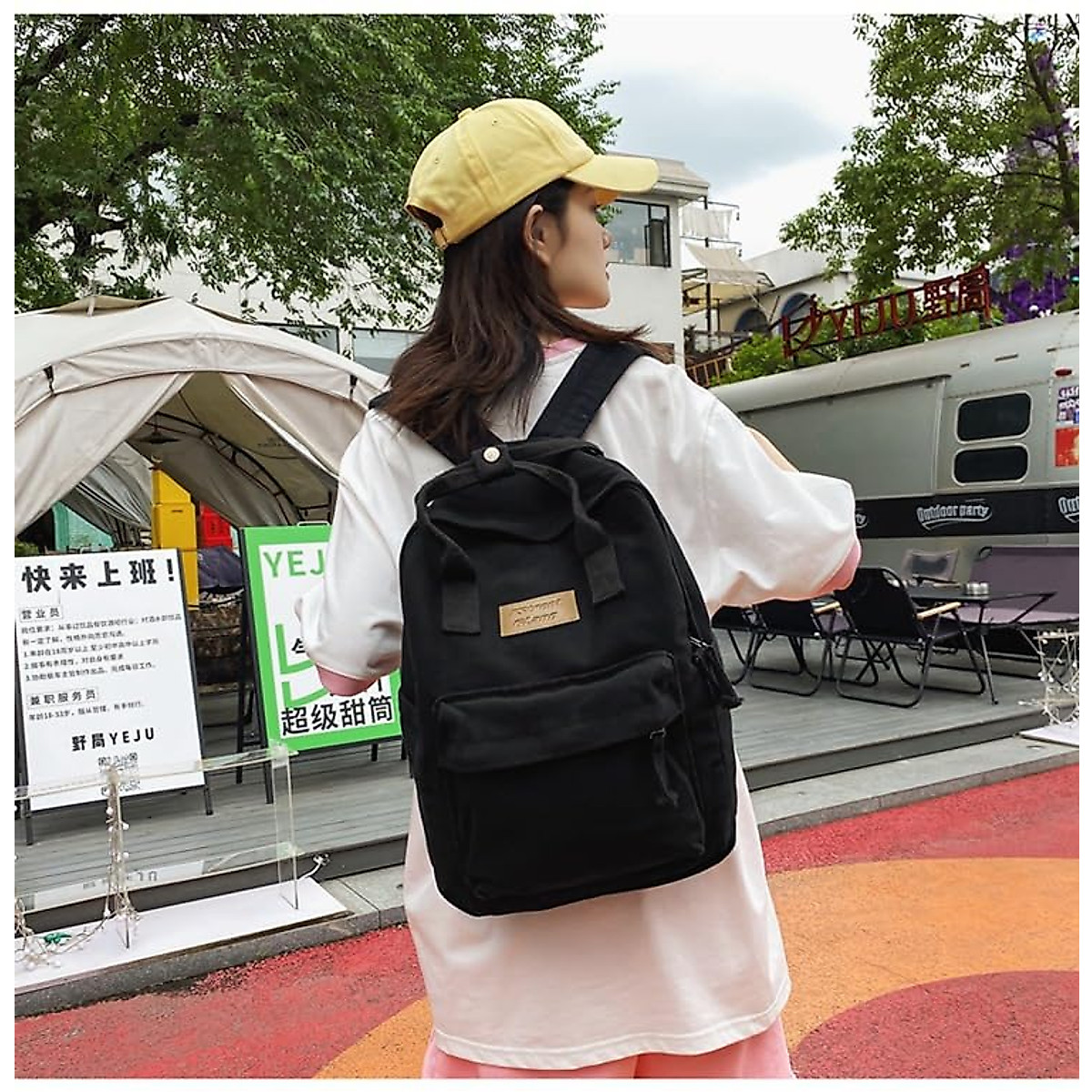 MININAI Aesthetic Canvas Backpack for Women Men Preppy Backpack Grunge Hippie Boho Japanese College Laptop Book Bag (Black,One Size)