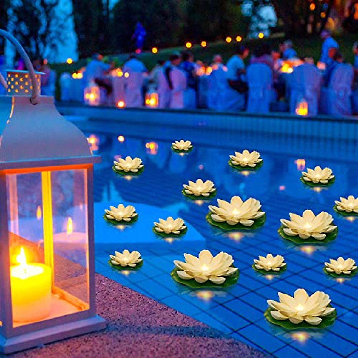 24 Pcs Floating Pool Lights Lotus Floating Lanterns Lifelike Artificial Floating Flowers for Pool with LED Lights Battery Operated Lily Pads Water Lantern for Decor (White, 3.94 Inch, 5.91 Inch)