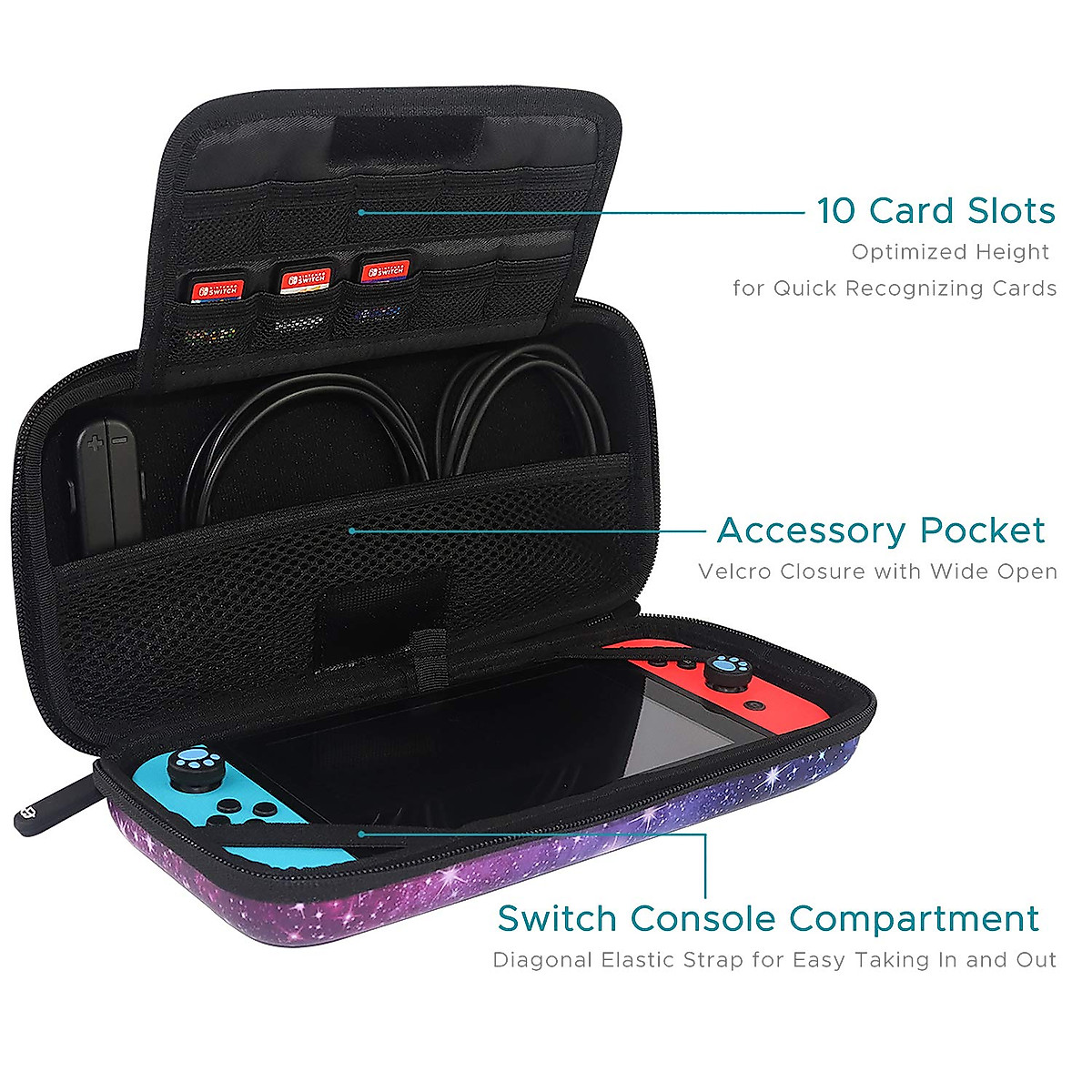 Comfyable Carrying Hard Case for Nintendo Switch OLED 2021 with 10 Game Slots, Portable Travel Pouch Protective Waterproof Cover with Pocket for Accessories, Galaxy