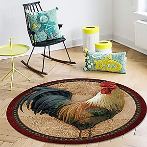 Round Area Rug Rooster Farmhouse Stars Non-Slip Bedroom Round Area Rug Red Marble Texture Soft Sofa Carpet Dining Room Entryway Foyer Living Room Area Rug 4 Feet Round