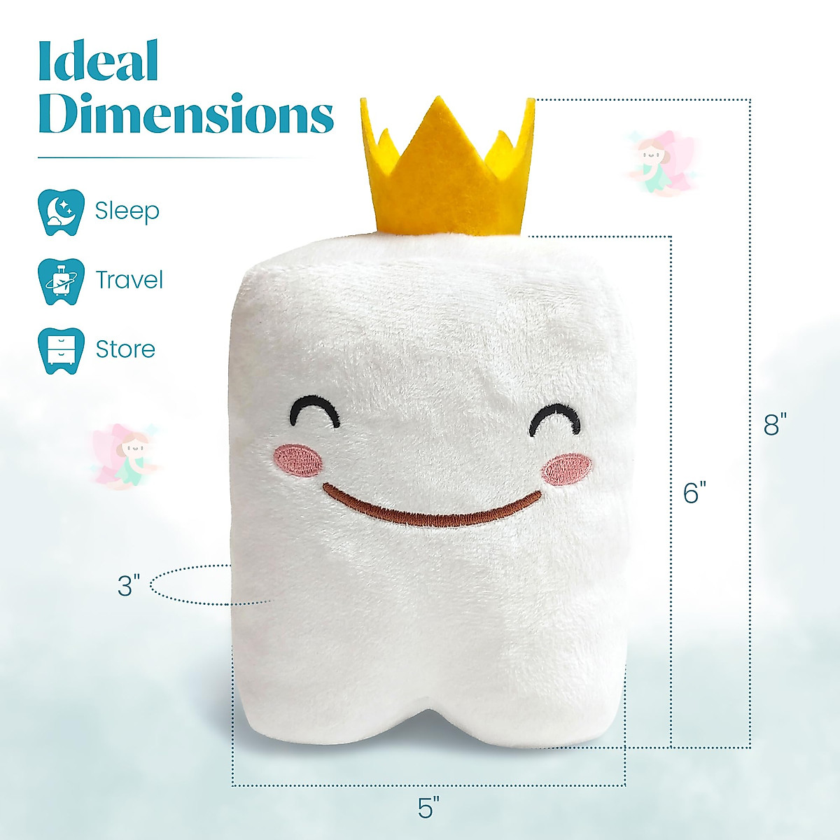 6" Tooth Fairy Pillow with Back Pocket - Soft Plush Stuffed Animal Toy for Kids, Boy or Girl - Squishable Holder