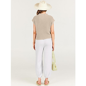 ANRABESS Women's Two Piece Outfits Knit Sweater Vest Crop Top Pants Lounge Matching Tracksuit Sweatsuit Travel Clothes Sets Khaki White Small