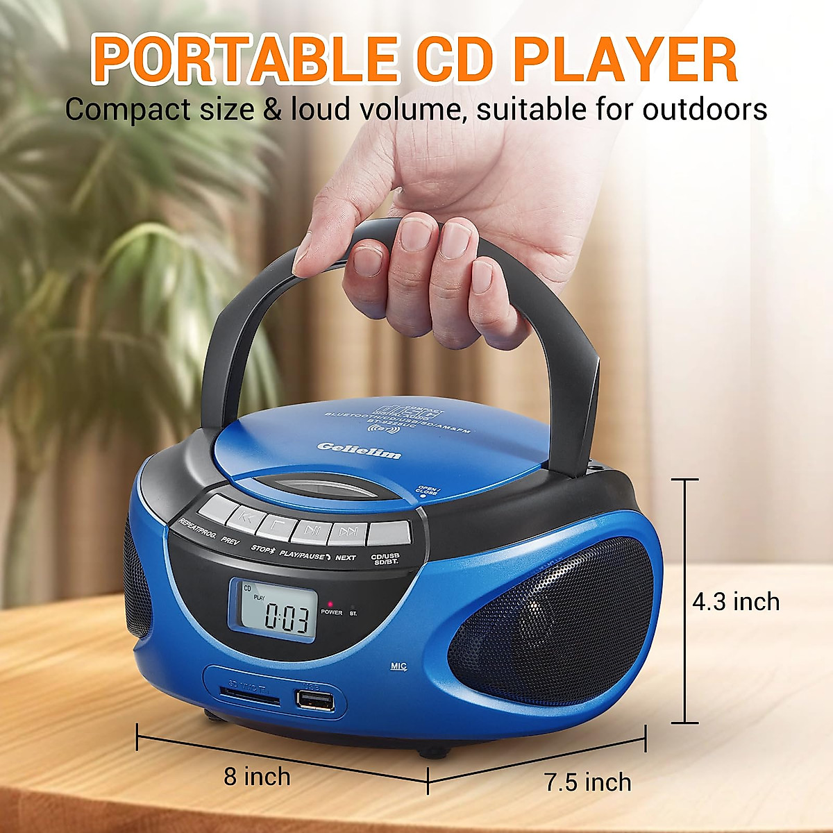 Gelielim Boombox CD Player, CD Players for Home with Bluetooth, AM FM Radio, Portable CD Boombox Support USB, SD, MMC Drive, LCD Display, Headphone Jack, AC/DC Powered, Gifts Idea for Elder-Blue