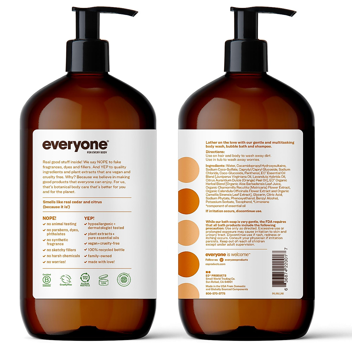 Everyone 3-in-1 Soap, Body Wash, Bubble Bath, Shampoo, 32 Ounce (Pack of 2), Cedar and Citrus, Coconut Cleanser with Organic Plant Extracts and Pure Essential Oils (Packaging May Vary)