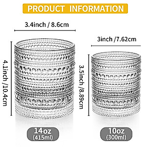 KEMORELA Vintage Glassware Drinking Glasses Set of 4, Hobnail Drinking Glasses, bar glasses, Embossed Design Glassware for Beverages, Beer, Cocktail, Whiskey, Juice and Various Mixed Drinks