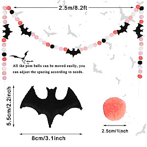 Whaline 8.2Ft Halloween Banner Felt Bats Balls Banner Black White Pink Decorative Pom Pom Banner Halloween Party Pom Garland for Halloween Haunted Houses Decoration Doorways Home Mantel Supplies