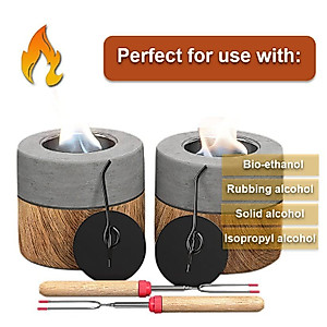 2 Pack Gardenix Decor Concrete Tabletop Fire Pits Round Wood Design; Burns Ethanol and Multiple Fuels; 2 Extending Marshmallow Roasting Stick Forks; Table Top Fire Pit Bowl / Mini Tabletop Fireplace