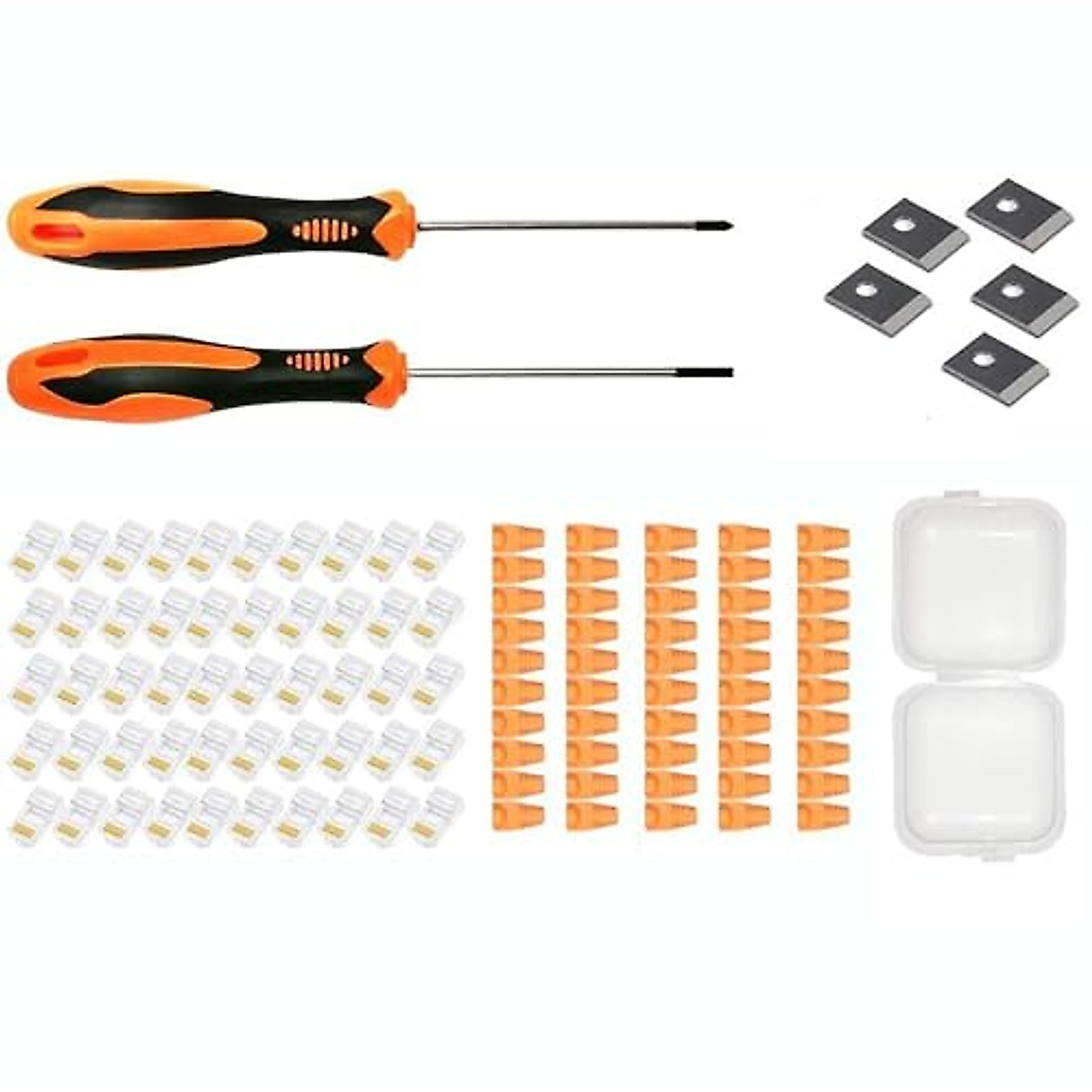 RJ45 Crimp Tool Kit Pass through Ethernet Crimper kit for Cat5 Cat5e Cat6,RJ45 Crimping Tool with 50PCS Connectors, 50PCS Covers,1 Wire Punch Down Cutter and 1 Network Cable Test(9V Battery Included)