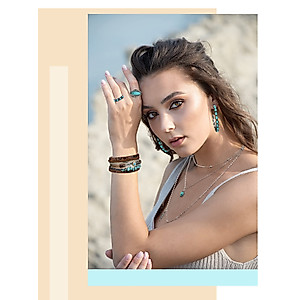 Ecally Bohemian Western Jewelry Turquoise Set Women Bohemian Pendant Long Choker Layered Bracelets Turquoise Earrings Ring(Boho)