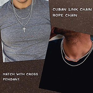 Yooblue Cross Necklace for Men, Mens Chain Necklaces, Cross Chain for Men, Silver Stainless Steel Layered Rope Chain Cuban Link Chain for Men, Mens Jewelry Gifts