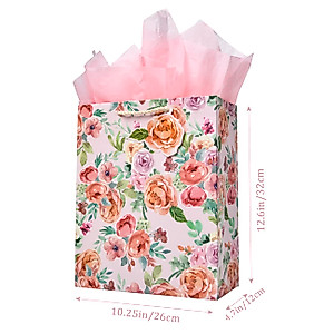 Elephant-package 12.6" Large Flower Gift Bag with Tissue Paper and greeting card, for Girls Women Birthday Gift Packing, Mothers Day, Valentine's Day, Bridal Shower, (Pink Rose)