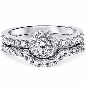 1ct Halo Diamond Engagement Wedding Ring Set 10K White Gold - Size 6.5