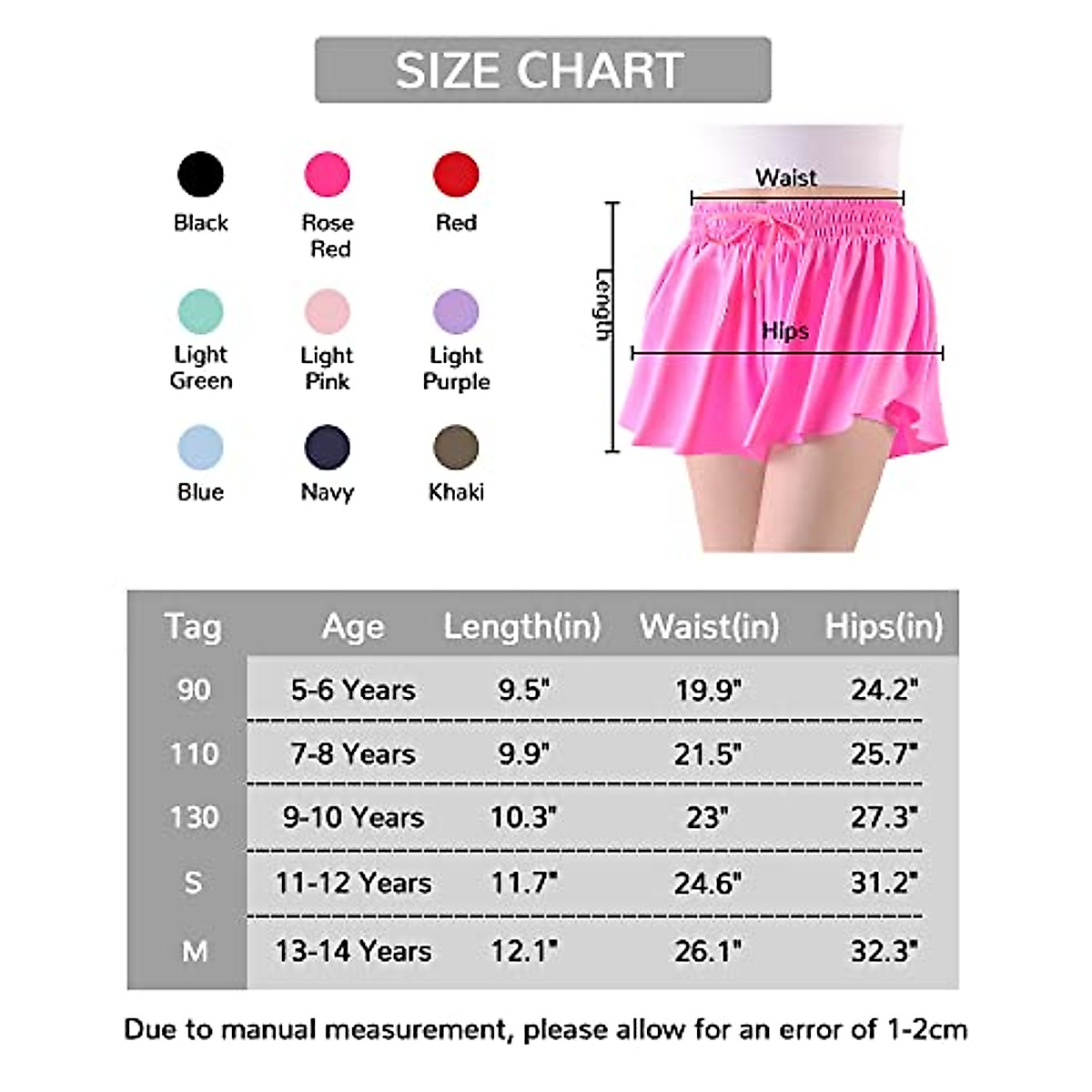 BOOPH Girls Flowy Shorts Athletic Butterfly Shorts Girls with Inner Pockets for Running Tennis Rose Red 13-14Y