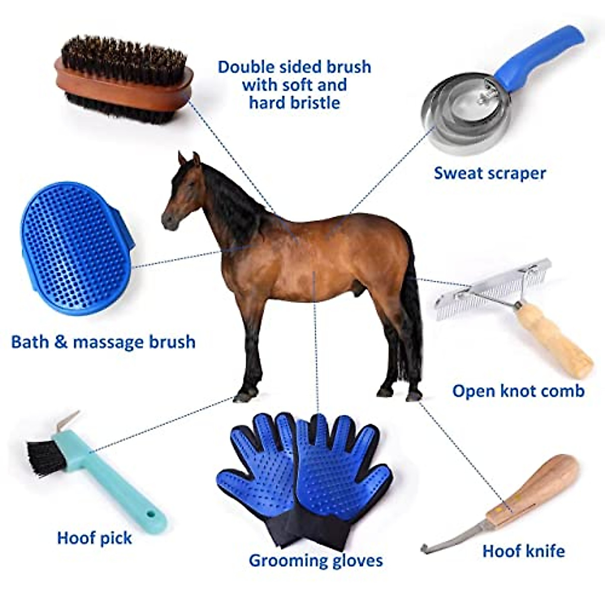 Horse Grooming Kit Blue Tote - 9pcs Horse Care Kit with Multi-Function Brushes & Curry Combs, Sweat Scraper, Hoof Pick, Hoof Knife for Horse Kit Horse Cleaning Tool Set Equine Grooming Portable