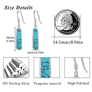 Turquoise Dangle Earrings, Rectangle Turquoise Leverback Earrings S925 Sterling Silver Gemstone Earrings Jewelry for Women