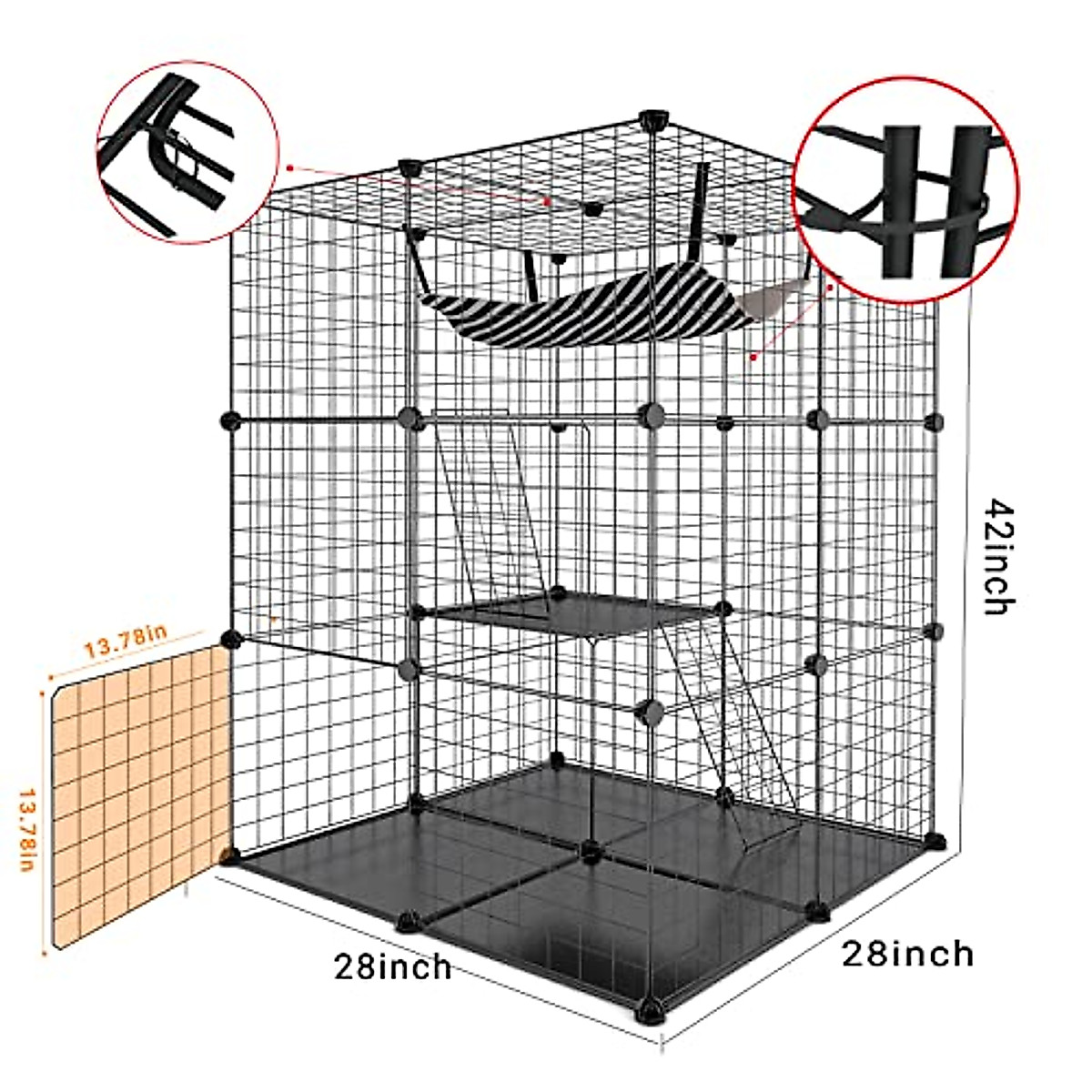IKARE Cat Cage DIY Indoor Pet Home Small Animal House Detachable Playpen with 3 Doors 3 Tiers for Kitten Puppy Bunny Exercise. (Black，27.6 x 27.6 x 41.3Inch)