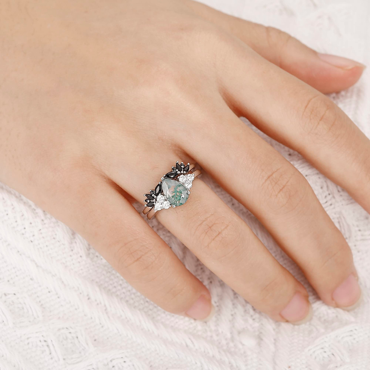 IRROYA 6x9mm Natural Pear Cut Moss Agate Bridal Ring Set,Cluster Genuine Moissanite Engagement Ring,V Shaped Open Ring Band, Sterling Silver Platinum, moss agate