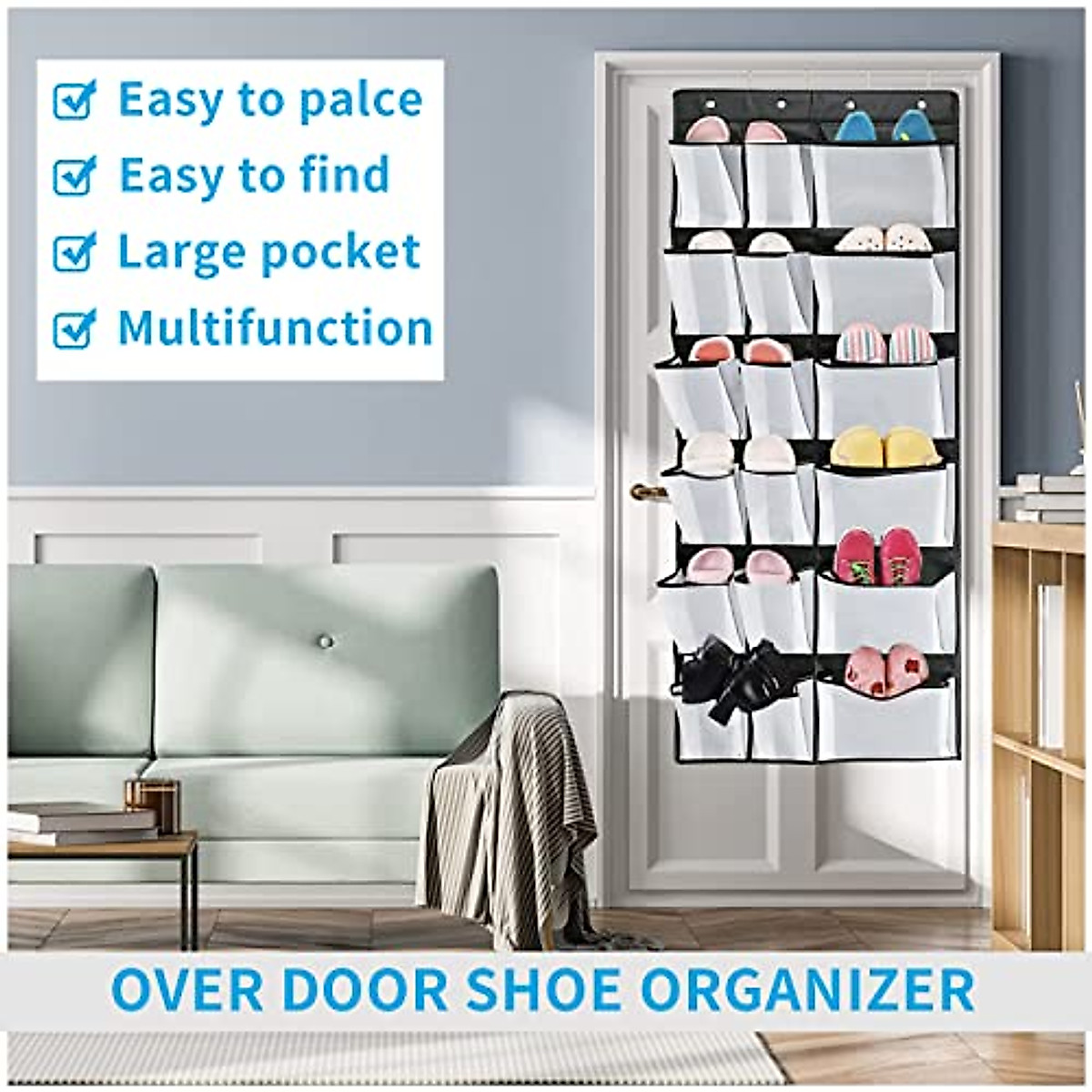 IGOYDD Over the Door Shoe Organizer, Hanging Shoe Organizer with 6 Extra Large Mesh Storage Pockets, Door Shoe Rack for Bedroom Bathroom and Kitchen