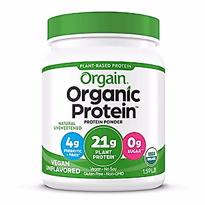 Orgain Organic Unflavored Vegan Protein Powder, Natural Unsweetened - 21g of Plant Based Protein, Non Dairy, Gluten Free, No Sugar Added, Soy Free, Non-GMO, 1.59 lb (Packaging May Vary)