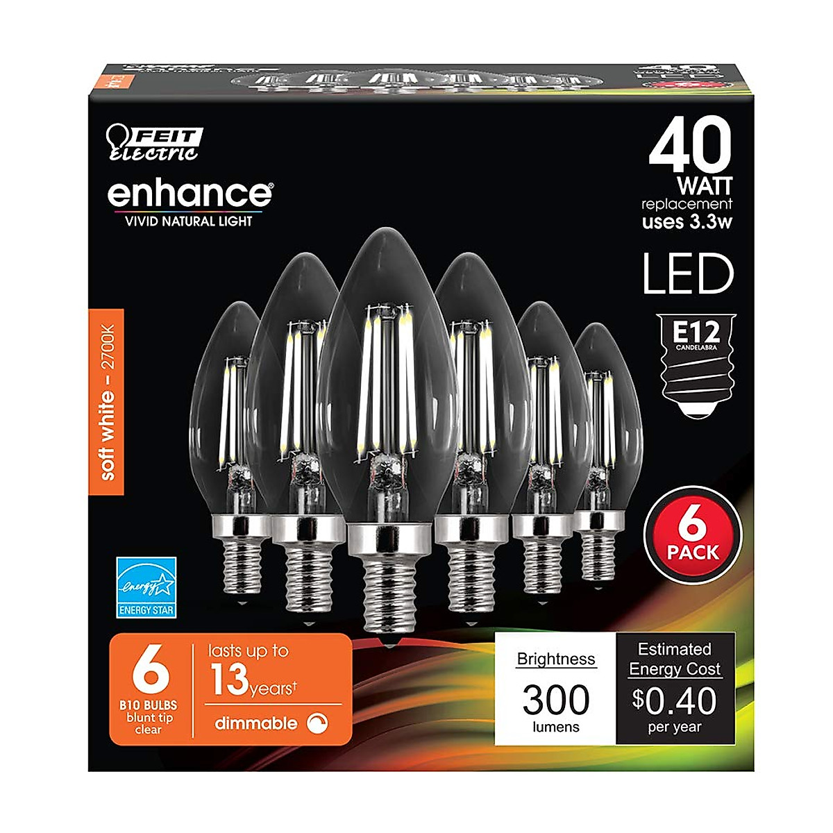 Feit Electric 40W Equivalent Candelabra LED Light Bulb, Dimmable, E12 Base, 2700K Soft White, B10 Filament Torpedo Tip Decorative Lighting Bulbs, 13-Year Lifetime, CTC40/927CA/FIL/6, 6-Pack