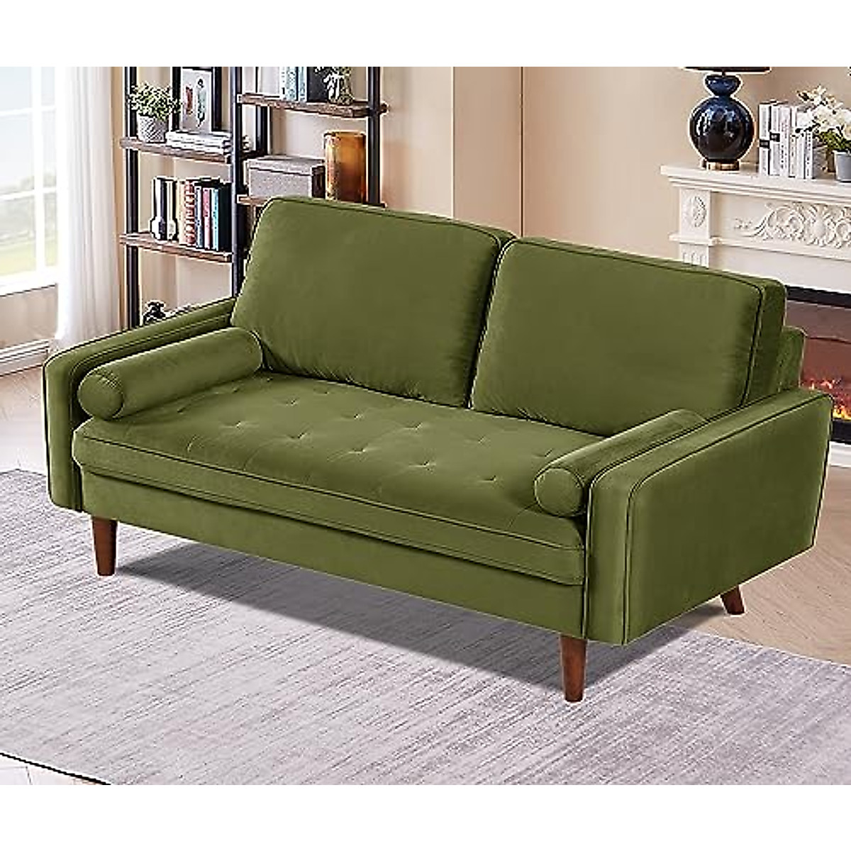 Container Furniture Direct Velvet 58" Loveseat Sofa Couch for Living Room, Classic Mid-Century Style with Modern Silhouette, Button Tufting and Wood Legs, Includes 2 Bolster Pillows, Olive Green