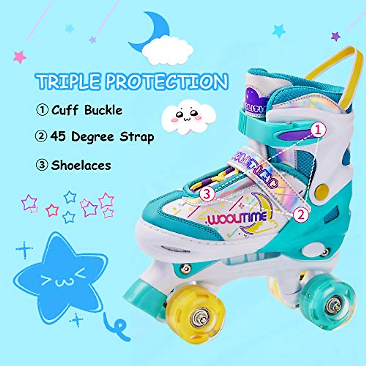 Woolitime Adjustable Roller Skates for Girls and Boys, 4 Size Adjustable Toddler Roller Skates for Kids with All Wheels Light Up, Patines para Niñas Niños
