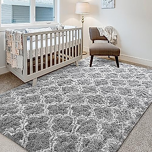 Hutha 8x10 Shag Large Area Rugs for Living Room, Light Grey Modern Super Soft Bedroom Carpet, Moroccan Luxury Geometric Plush Fluffy Rug for Kids Nursery Girls Room Indoor Home Decor