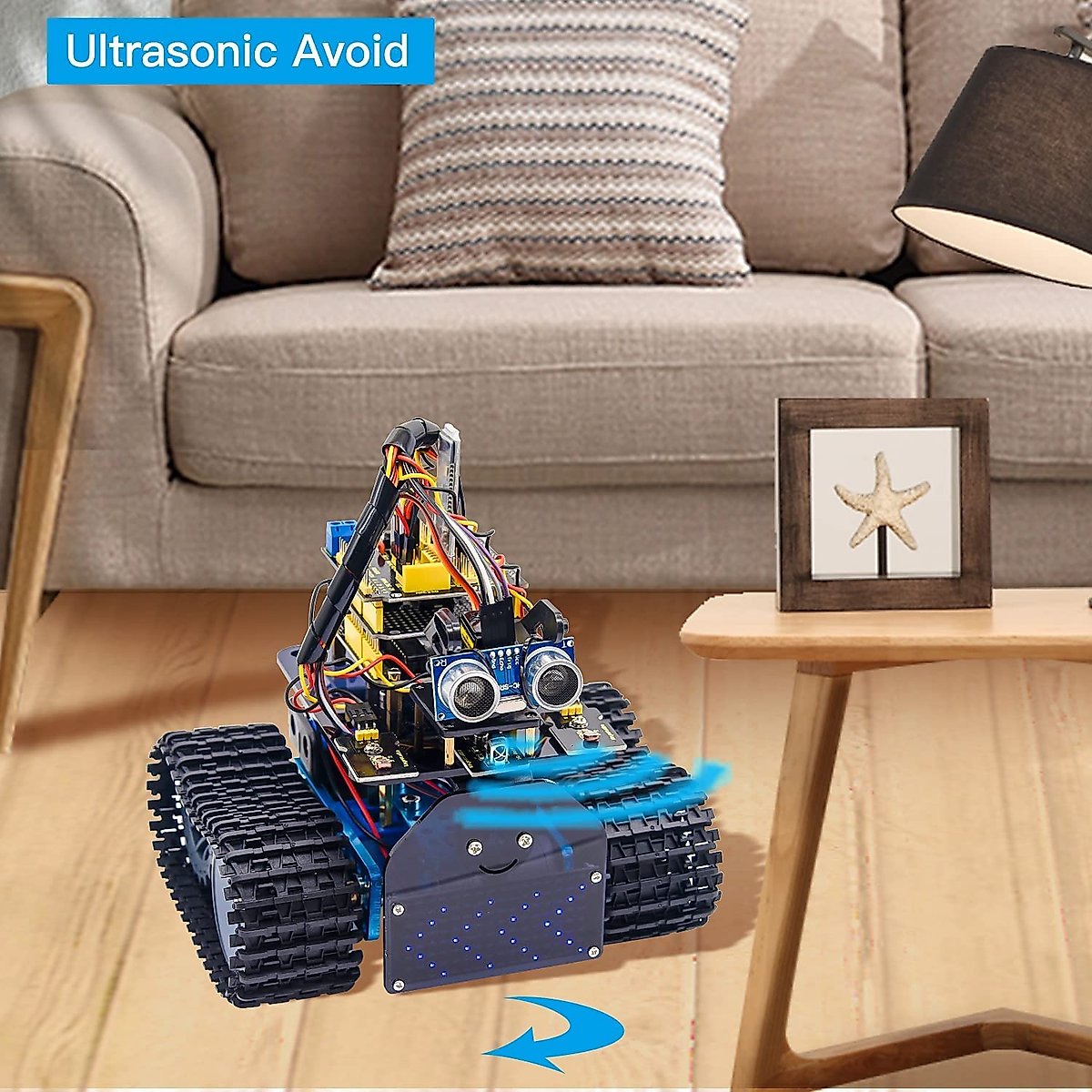 KEYESTUDIO Mini Tank Robot V2 Smart Car Kit for Arduino, IR Infrared and App Remote Control (iOS and Android), Light and Ultrasonic Follow, 8X16 LED Panel, Ultrasonic Obstacle Avoidance
