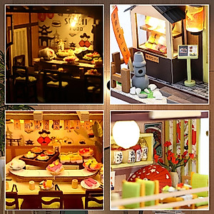 DIY Miniature Dollhouse Kit, Japanese Tiny House Model with Music Box, LED Light, Dust Proof Cover, 3D Wooden Puzzle for Adults, Creative Handmade Crafts Home Decor Hobby Birthday Gift (Sushi Shop)