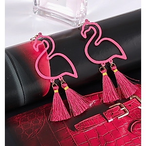 HSWE Flamingo Drop Earrings Tassel Dangle Earrings Thread Earrings Hawaiian Summer Jewelry (Rose Red)