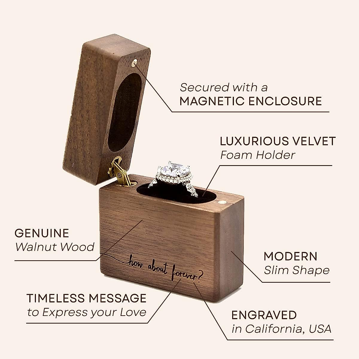 MUUJEE How About Forever - Engraved Wooden Proposal Ring Box, Ring Bearer Box for Wedding Ceremony, Engagement Photo Decor Idea